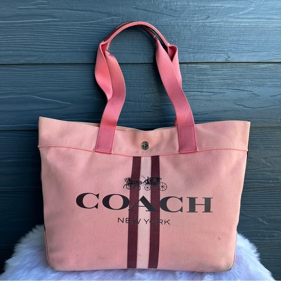 Coach | Bags | Coach Pink Stripe Travel Tote Canvas Laptop Shoulder Bag ...